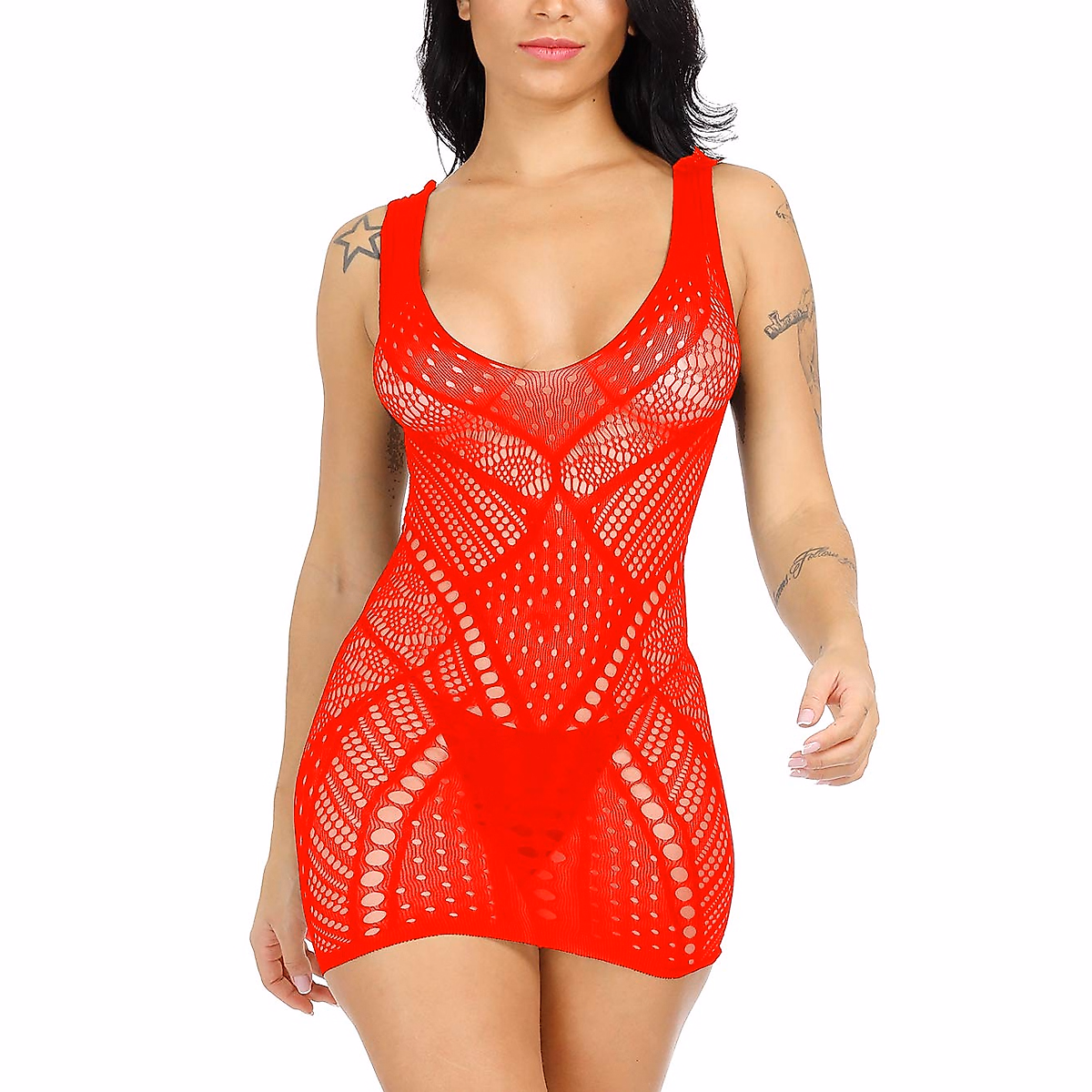 Woosifun Women Sexy Fishnet Lingerie V-Neck Babydoll Bodysuit Strapless Mesh Chemise Mini Dress One Size Red