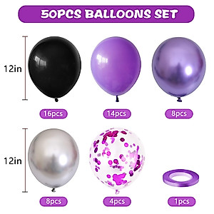 50Pcs Purple and Black Balloons, 12inch Purple Metallic Silver Black Balloons Purple Confetti Balloons with Ribbons for Halloween Decorations Birthday Party Anniversary Graduation Decoration