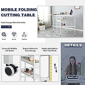 MELLCOM Height Adjustable Craft Table with Storage Shelves, Mobile Folding Cutting Table for Large Fabric, Foldable Table for Home Office Sewing Room Craft Room