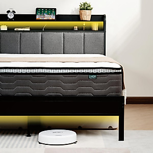 Z-hom Full Bed Frame with LED Lights Headboard, Full Size Heavy Duty Metal Hybrid Bed Frame Bed Base, Sturdy Upholstered Wooden Full Platform Bed with Charging Ports & Storage Shelves