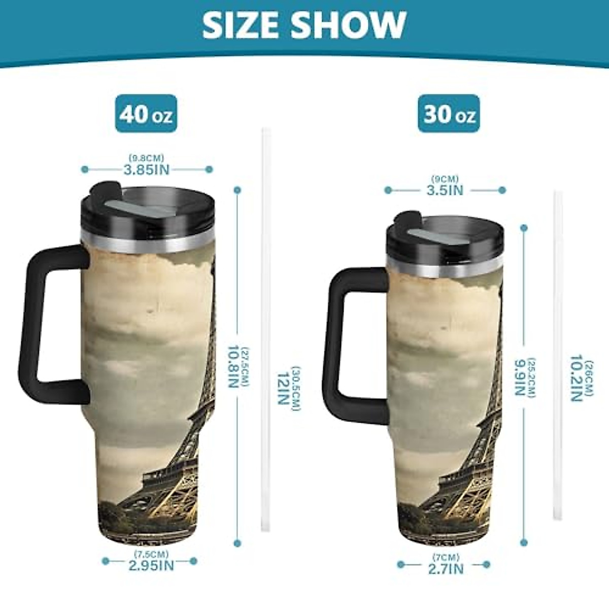 Flradish 40oz Tumbler with Handle, Vintage Eiffel Tower in Paris Stainless Steel Tumbler with Lid and Straws Double Wall Vacuum Insulated Leakproof Coffee Travel Mug