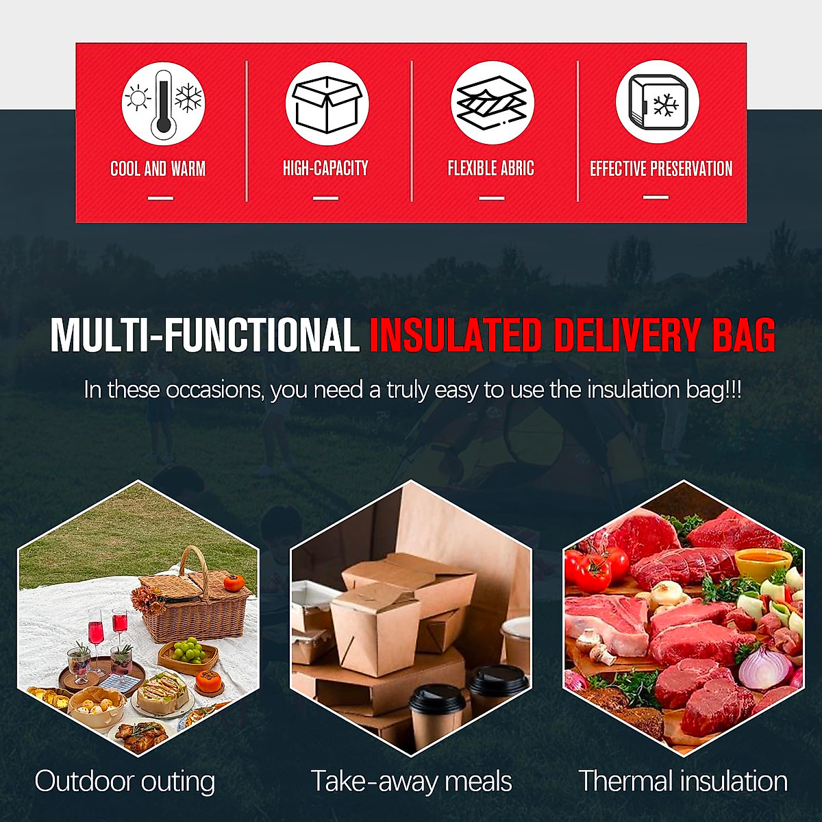 IVONNEY Insulated Food Delivery Bag, XXXL Food Warmer Bag, Commercial Catering Bag, Cooling Bag, Meal Delivery Bags, Thermal Bags for Hot Food - Insulated Reusable Grocery Bags (4 Pack, Red)