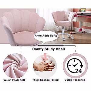DM Furniture Adjustable Kids Desk Chair Cute Reading Computer Chair for Students Modern Upholstered Velvet Swivel Rolling Armchair for Girls Bedroom, Seashell Back (Light Pink)