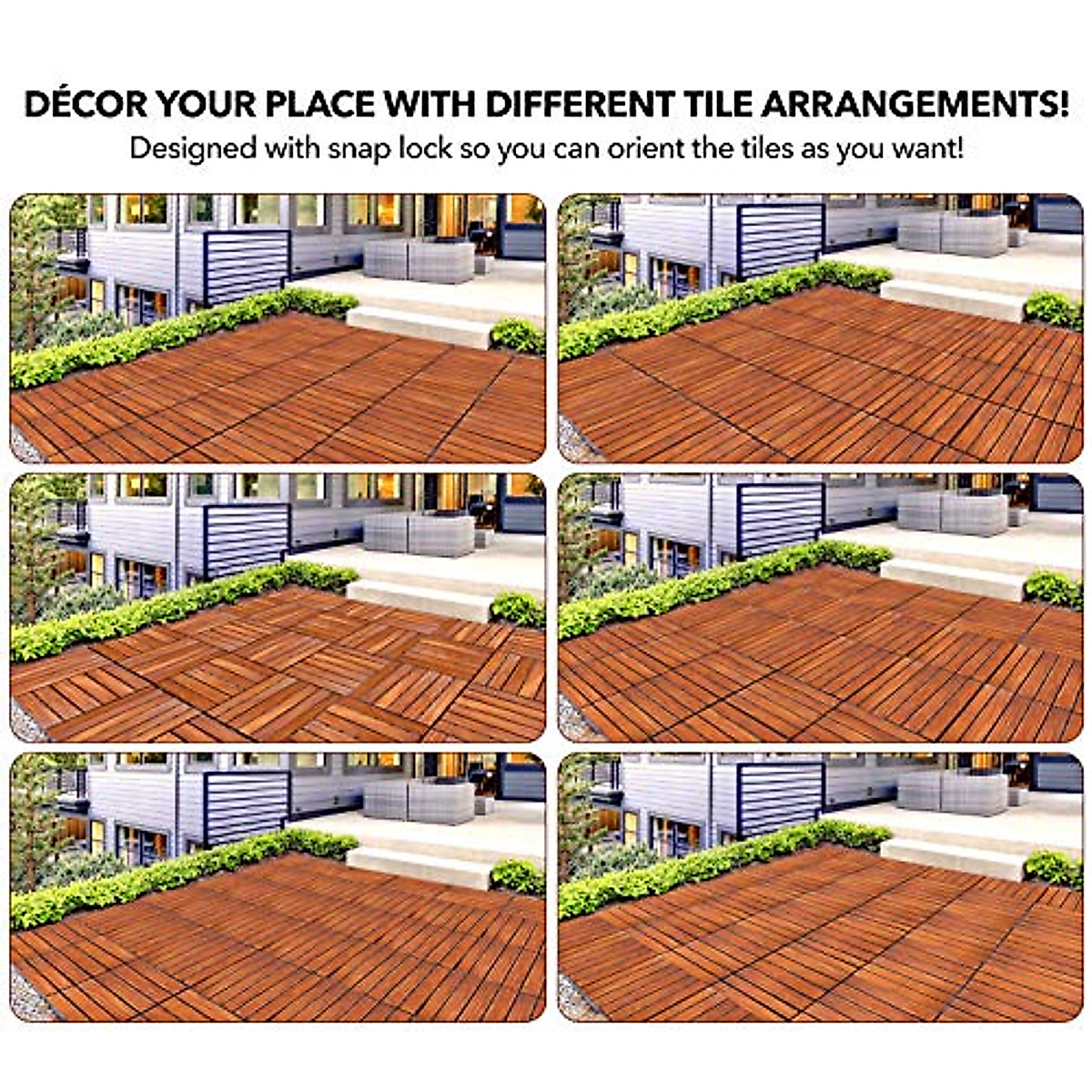 flybold Acacia Wood Outdoor Flooring Interlocking Deck Tiles (Pack of 10, 12" x 12") Patio Flooring Waterproof UV Protected All Weather Tile for Composite Decking Dance Floor for Outdoor Party Balcony