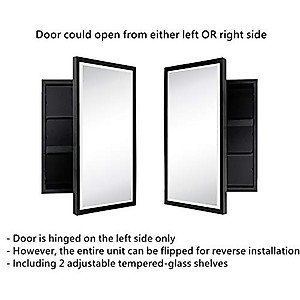 TEHOME Black Metal Framed Recessed Bathroom Medicine Cabinet with Mirror Rectangle Beveled Vanity Mirrors for Wall 16 x 24 inches