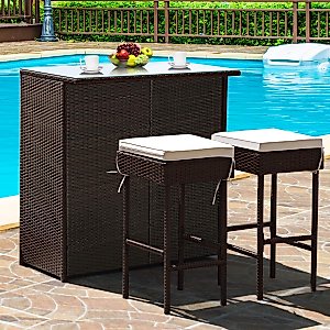 Tangkula Patio Bar Set, 3 Piece Outdoor Rattan Wicker Bar Set with 2 Cushions Stools & Glass Top Table, Outdoor Furniture Set for Patios Backyards Porches Gardens Poolside (Beige)