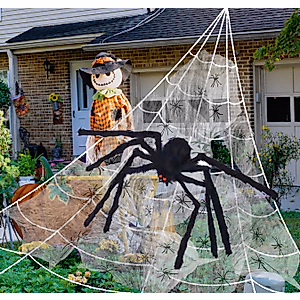 COOLJOY 200" Halloween Spider Web and 60" Giant Halloween Spider Halloween Decorations Virtual Realistic Hairy Spider Halloween Outdoor Indoor Decoration