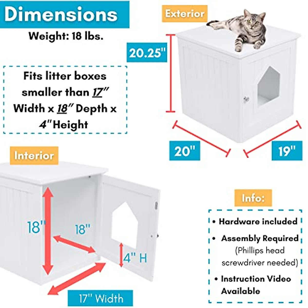 BIRDROCK Home Decorative Cat House & Side Table - Cat Home Nightstand - Indoor Pet Crate - Litter Box Enclosure - Hooded Hidden Pet Box - Cats Furniture Cabinet - Kitty Washroom - White
