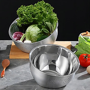 GREATLINK Stainless Steel Colander Rice Washing Bowl - 4 in 1 Washing Bowl Kitchen Colander Strainer Fine Mesh Strainer for Washing Vegetables, Fruit, Beans & Pasta, Microporous Colander Washing Bowl
