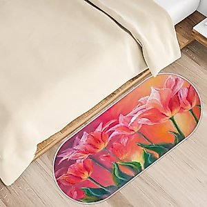 Tulips Painting Oval Rug Small Rugs for Bedroom Bedside Red Bedroom Rug Soft Shag Runner Carpet Modern Fluffy Nursery Area Rugs Home Decor 1.64 x 4 Feet