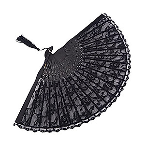 Meifan Womens Multi Color Handmade Cotton Lace Folding Hand Fan (Black-A)