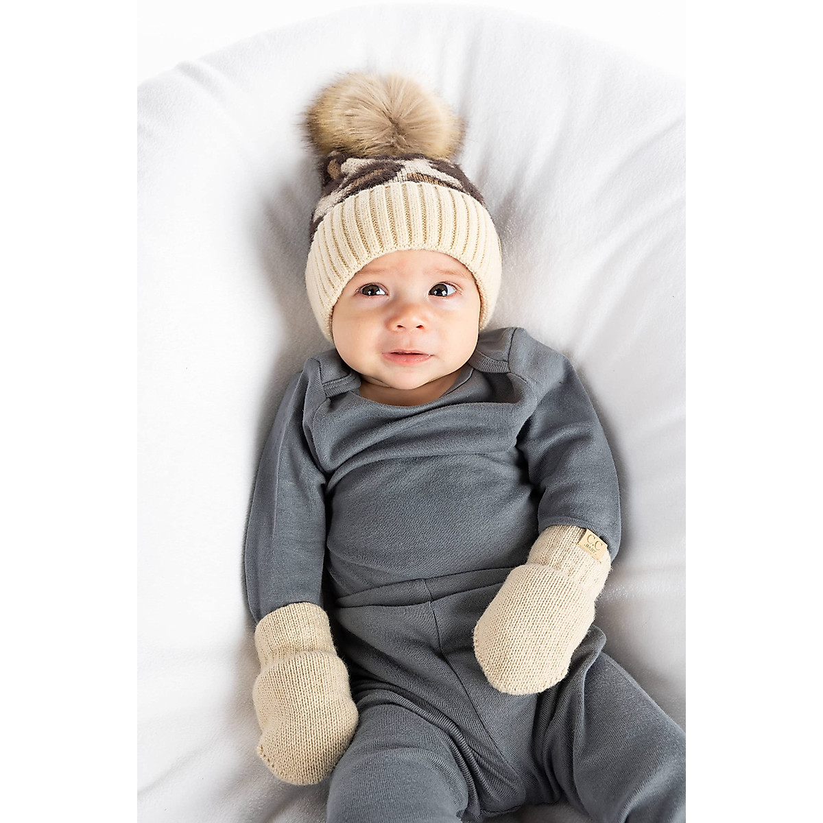 Funky Junque Infant Pom Beanie and Mittens Set - Leopard Beige