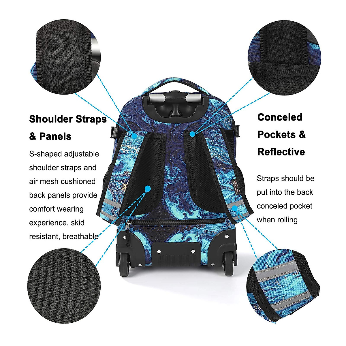 Tilami Rolling Backpack 18 inch Wheeled Backpack School College Student Travel Trip Boys and Girls