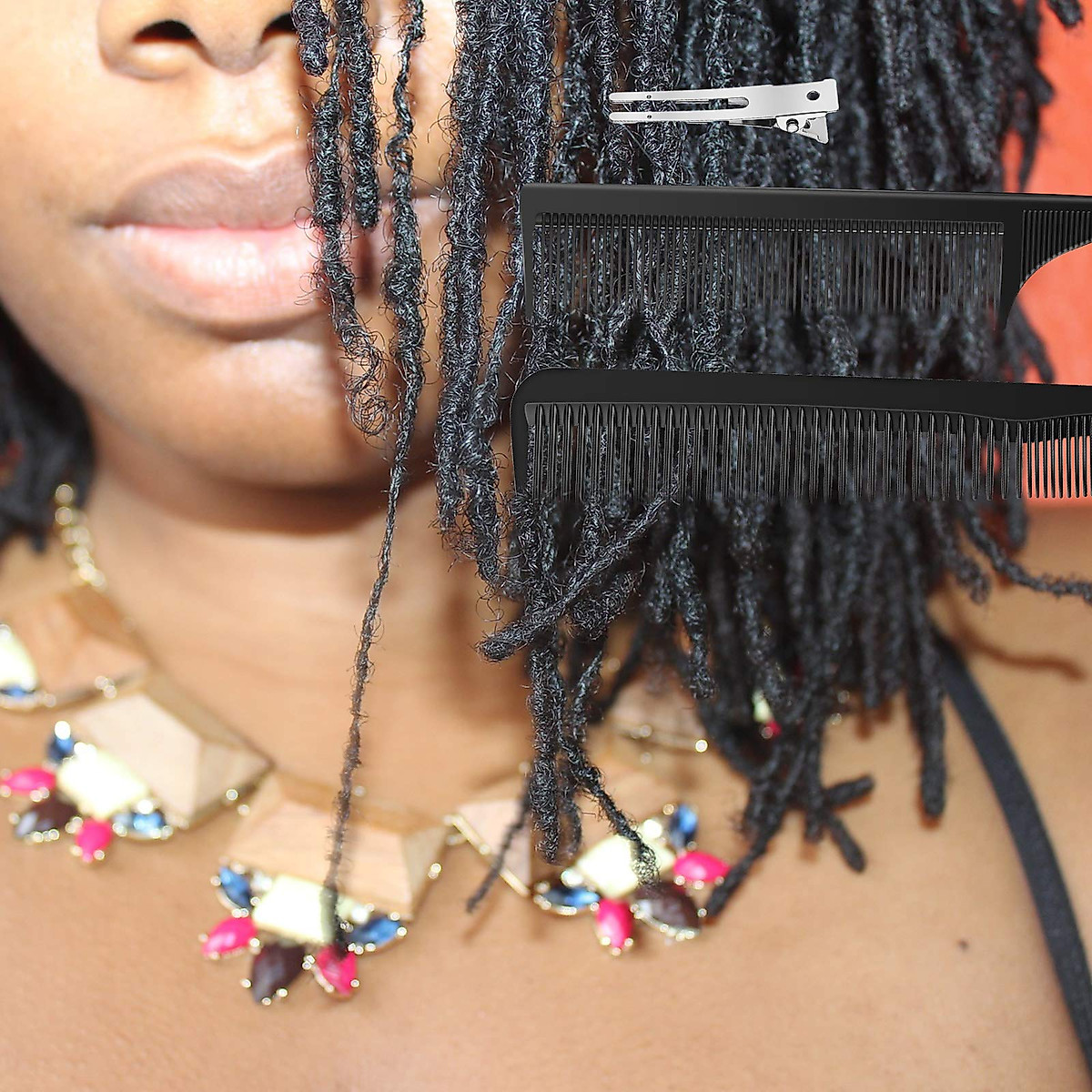 Patelai 52 Pcs Professional Comb Set Carbon Fiber Hair Combs for Women Men Include Rat Tail Taper 50 Double Prong Curl Clips for All Hair Types Natural Curly(Black)