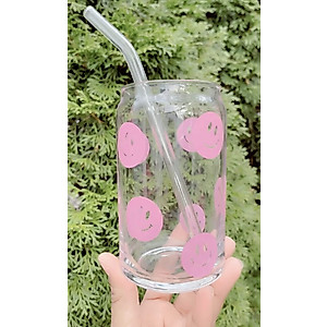 Iced Coffee Glass Cup with Bamboo Lid and Straw | 16oz Beer Can Glass | beer glass Cup | Can Shaped Glass Soda Can Cup | Pink Smiley face Glass Cup, Beer Glass Can, Glass Coffee Cup