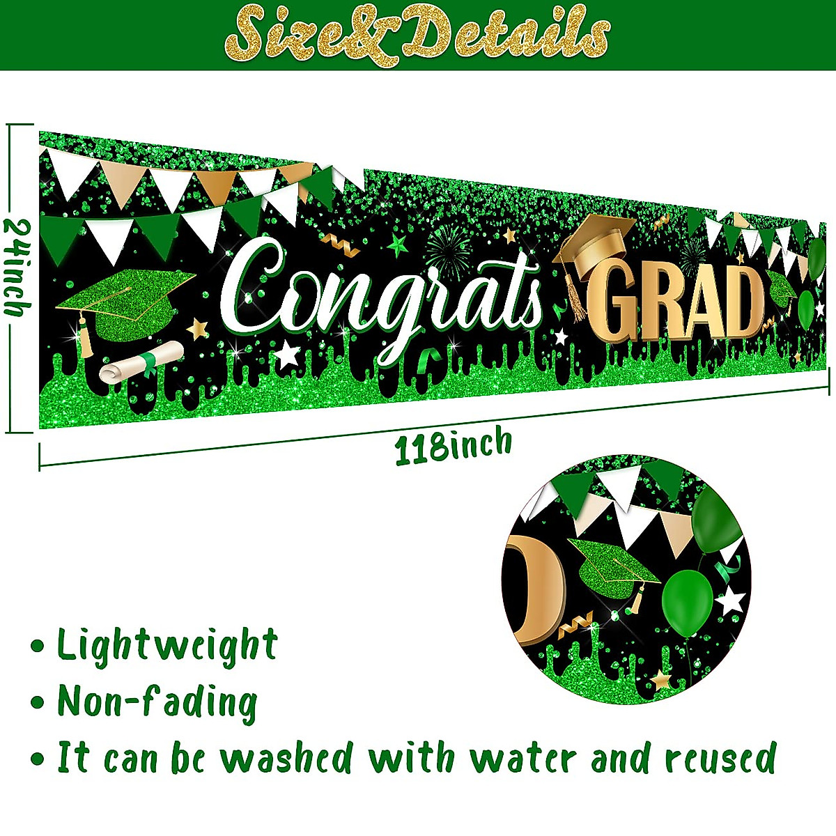 Large Congrats Grad Banner Green Class of 2023 Graduation Banner With 8 Pcs Balloons Decorations Yard Sign For College Graduation Party Supplies