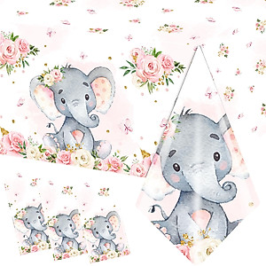 Juweked 3Pcs Pink Elephant Baby Shower Tablecloth for Girl Baby Shower Table Cloths Rectangle Girl Baby Shower Table Cloth Baby Shower Plastic Table Cover Gender Reveal Decor, 70.8" x 42.5"