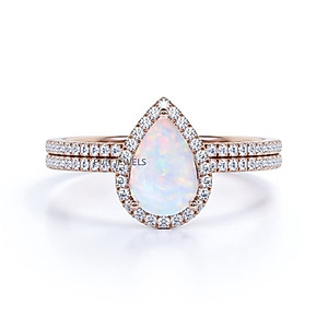14K Rose Gold Over 925 Sterling Silver Pear Shaped Created Opal Engagement Ring Matching Wedding Band Bridal Set Wedding Ring Set 7.5