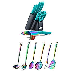 DISHWASHER SAFE Rainbow Titanium Cutlery Knife Set Kitchen Knives Sets Plug Rainbow Titanium Colorful Kitchen Utensils Set Stainless Steel Utensil Set - 6 Cooking Utensils