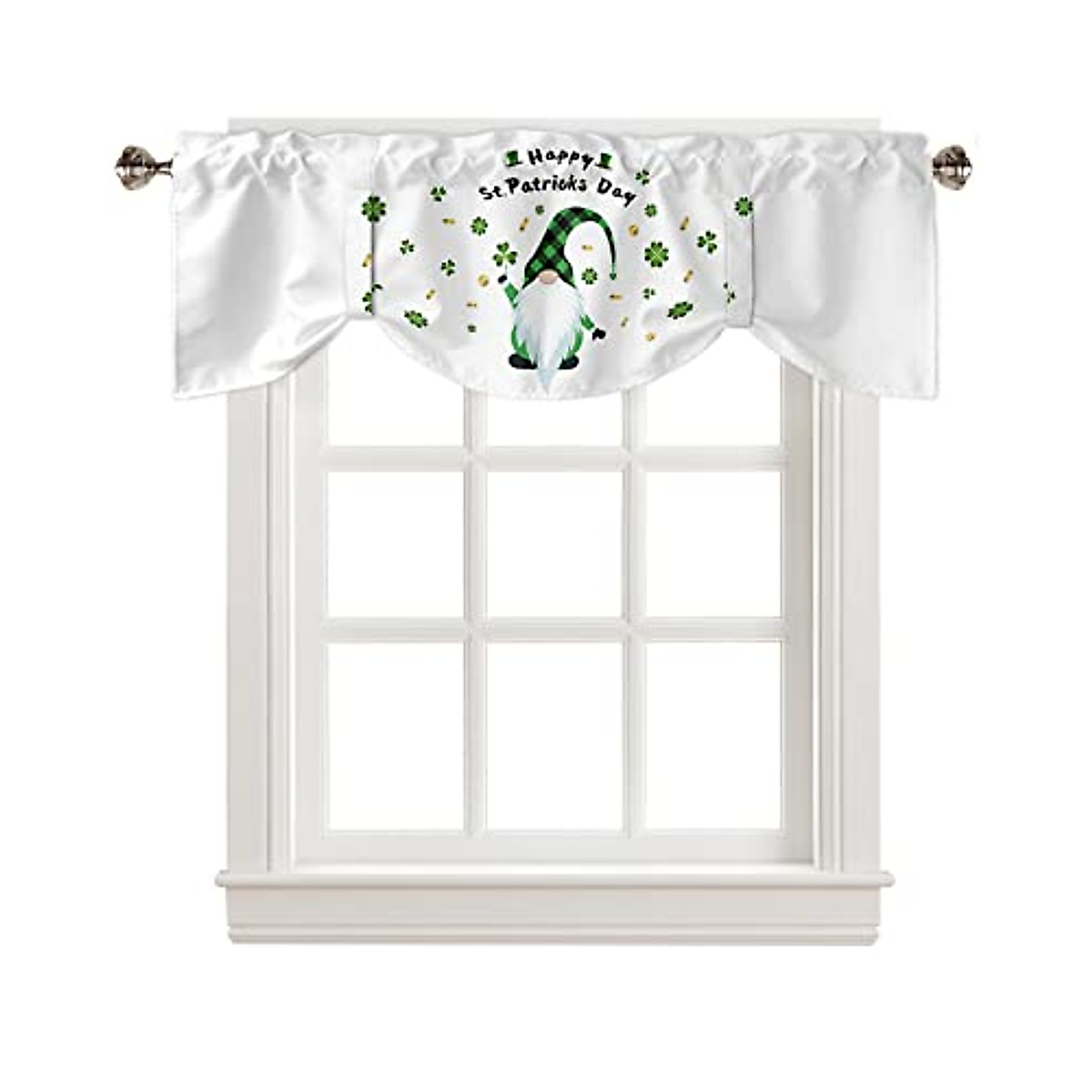 Tie Up Valance Curtain for Kitchen Windows, Happy St Patricks Day Clover Dwarf Gold White Window Curtain Valance with Adjustable Strap Window Treatment for Cafe Bathroom, 60"x18", 1 Pane