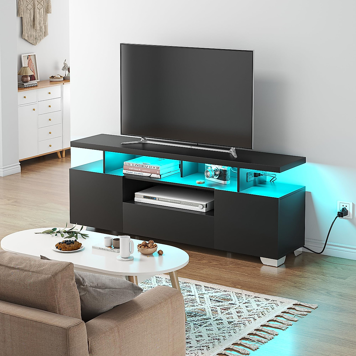 Modern TV Stand with Power Outlet, TV Console with LED Lights, TV Stand for 65 inch TV, Gaming Entertainment Center with Storage Cabinet and Large Storage, TV Stands for Living Room, Bedroom, Black