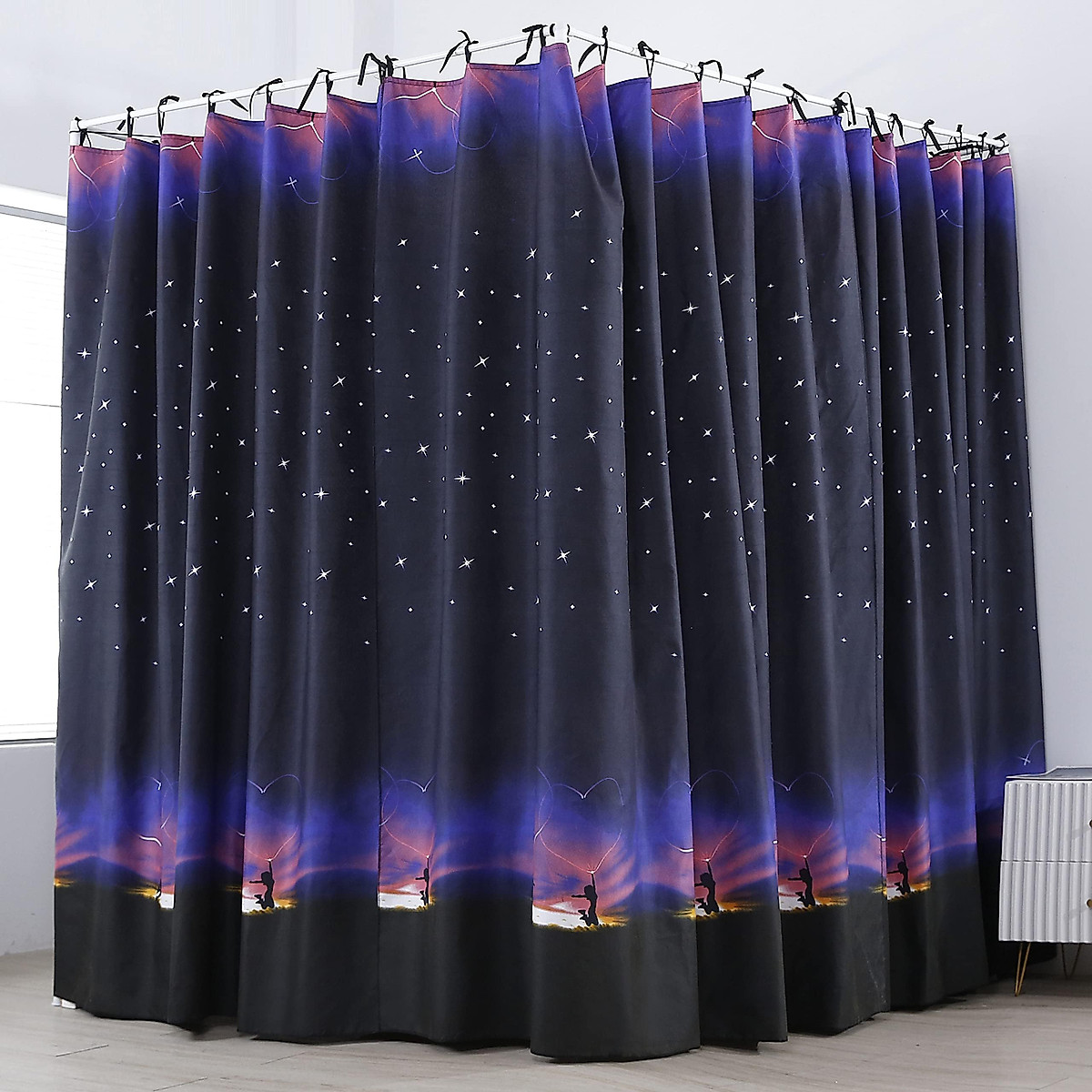 Mengersi Galaxy Star Canopy Bed Curtains Full Size,Canopy Curtains Bedroom Decoration for Girls Adults Windproof Lightproof Bed Canopies Child Gift (Black)