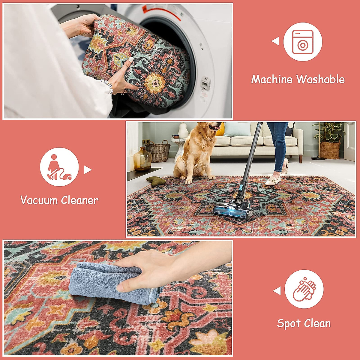 Lahome Washable Hot Pink Kitchen Rugs 2x3 Small Entryway Rug, Bathroom Rugs Non Slip, Bohemian Floral Soft Rubber Backing Low-Pile Indoor Printed Throw Floor Carpet for Bedside Laundry Door