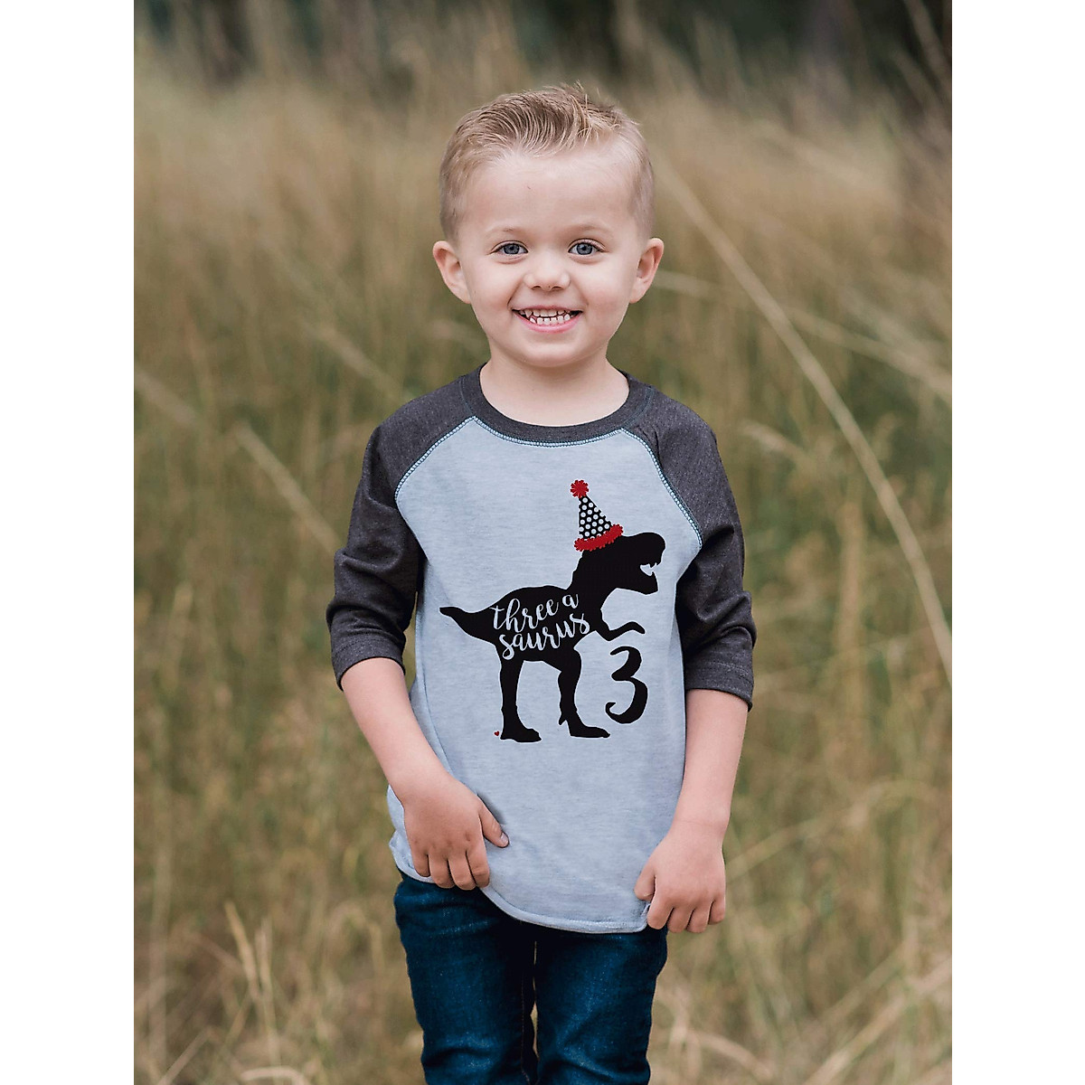 7 ate 9 Apparel Three 3rd Third 3 Birthday Dino Dinosaur Grey Baseball Shirt 3T