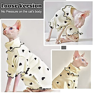 DENTRUN Turtleneck Heart Pattern Sphynx Hairless Cats Shirt, Kitten T-Shirts with Perlin Sleeves, Breathable Cat Wear Cute Sweater Adorable Hairless Cat's Clothes Vest Pajamas Jumpsuit, Beige
