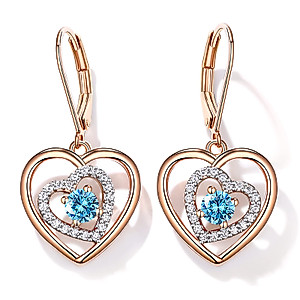 JD&P Forever Love Heart Drop Dangle Earrings Set for Women, Rose Gold Tone 18k Gold Plated with Birthstone Zirconia, Valentines Day Mothers Day Birthday Christmas Gift Ideas for Mom Daughter Grandma