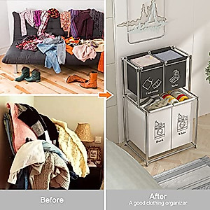 2-Tier Vertical Laundry Sorter with 4 Removable Bags, 4 Section Laundry Basket Organizer Hamper for Laundry Room, Small Space and Closet