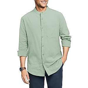 TUREFACE Long Sleeve Button Down Light Green Casual Shirts for Men Dress Cotton Banded Collar Shirt(Light Green,L)