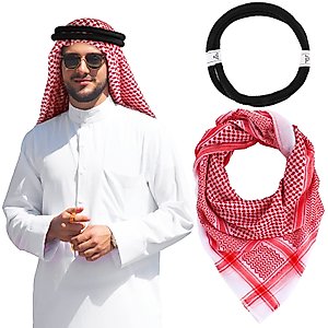 Hoolerry Arab Shemagh Muslim Keffiyeh Head Wrap Scarf Arabic Tactical Desert Headwear with Aqel Rope Halloween Costume Accessories(Red)