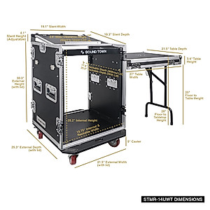 Sound Town 14U PA DJ Rack/Road ATA Case with 11U Slant Mixer Top, 20’’ Rackable Depth, DJ Work Table and Casters, 14 Space Size, Pro Tour Grade (STMR-14UWT)