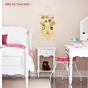 Mkono Hanging Photo Display Boho Macrame Wall Decor with Light, Teen Girl Teenage Gifts, Pictures Cards Frame Holder Art Hanger for Birthday Party Room Bedroom Dorm, with 30 Wood Clips, Ivory