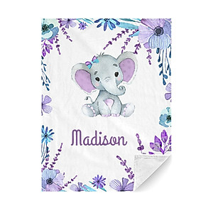 CADE Custom Baby Blanket with Name for Girls Personalized Baby Blanket Purple Floral Blankets Cute Elephant Blankets for Girls Customizable Baby Blanket Newborn Essentials Gifts - 30x40 inch