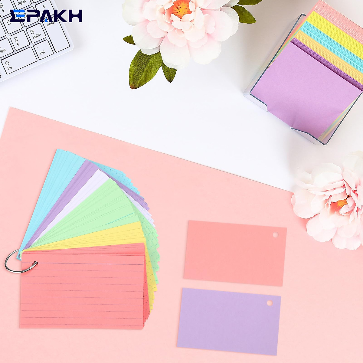 Epakh 300 Pieces Back to School Index Cards 180 GSM Thick Flashcards with Rings Punched Index Flashcards on a Ring Ruled Note Cards for Adults Home(3 x 5 Inch,Light Color)
