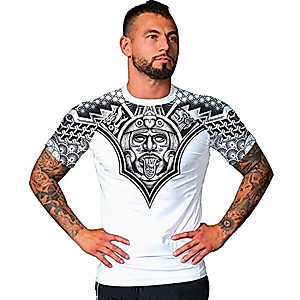 PERSONALFURY - Aztec Sun Calendar Men's Short Sleeves Compression Rash Guard MMA BJJ White Ultra Soft Rash Guard - L