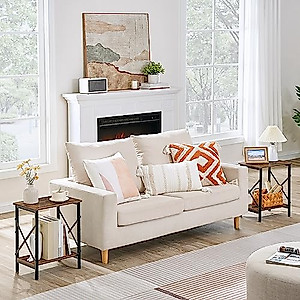 MAHANCRIS Small Side Table, 2-Tier Narrow End Table with Storage, X-Shaped Narrow Nightstand, Bedside Table for Small Spaces, Steel Frame, Living Room, Bedroom, Easy Assembly, Rustic Brown ETHR2801Z