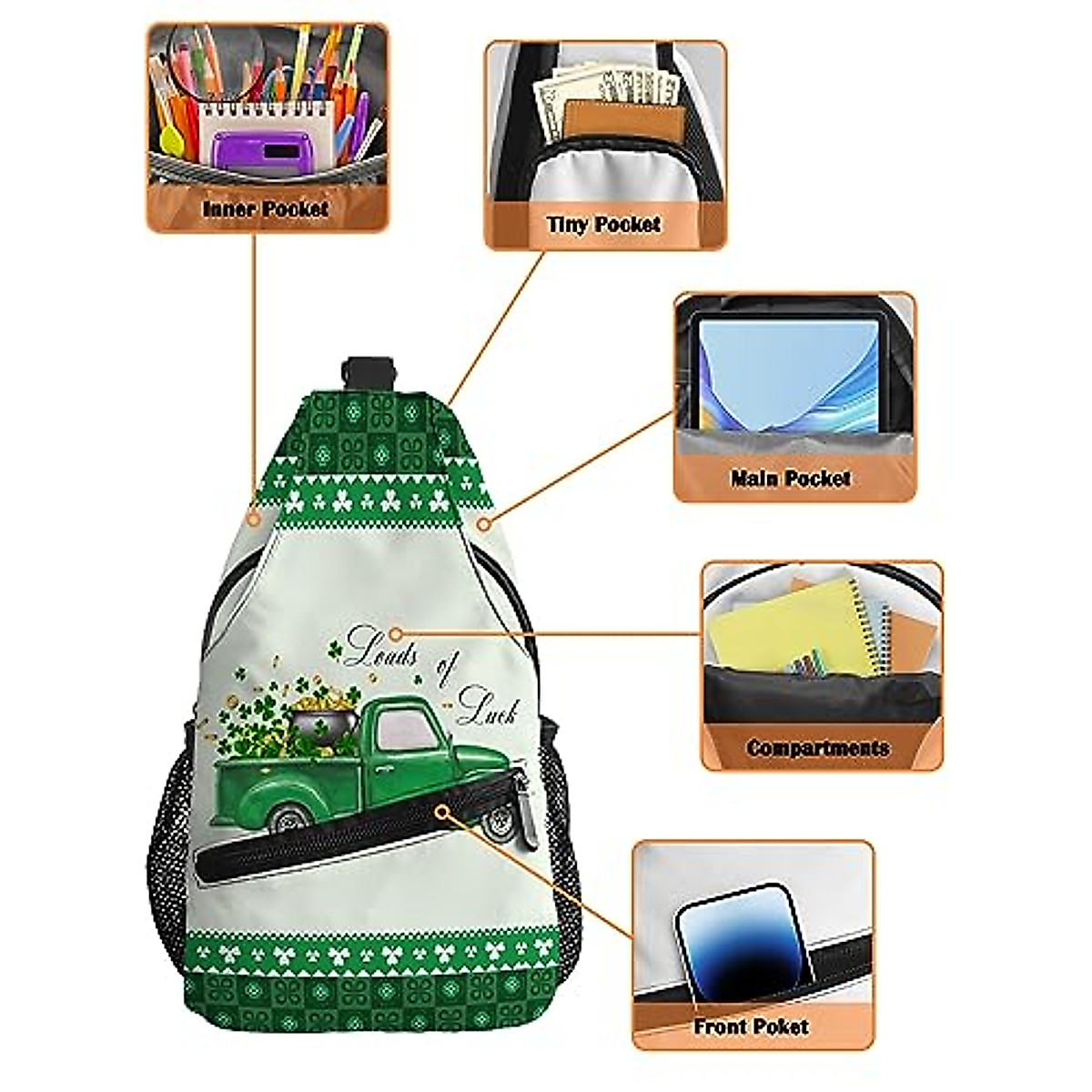 Sling Backpack, St. Patrick's Day Green Truck with Lucky Clover Waterproof Lightweight Small Sling Bag, Travel Chest Bag Crossbody Shoulder Bag Hiking Daypack for Women Men