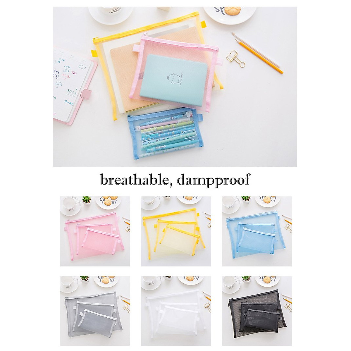 HYFAN Zipper Files Bag Breathable Transparent Mesh Documents Pocket Pouch Storage for Office Supplies (Black, A6 Size, Pack of 6)