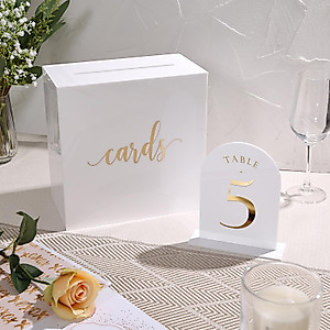 UNIQOOO White Arch Wedding Table Numbers with Stands 1-20, Gold Foil Printed 5x7 Double sided Acrylic Signs and Holders, Perfect for Centerpiece, Reception, Decoration, Party, Anniversary, Event
