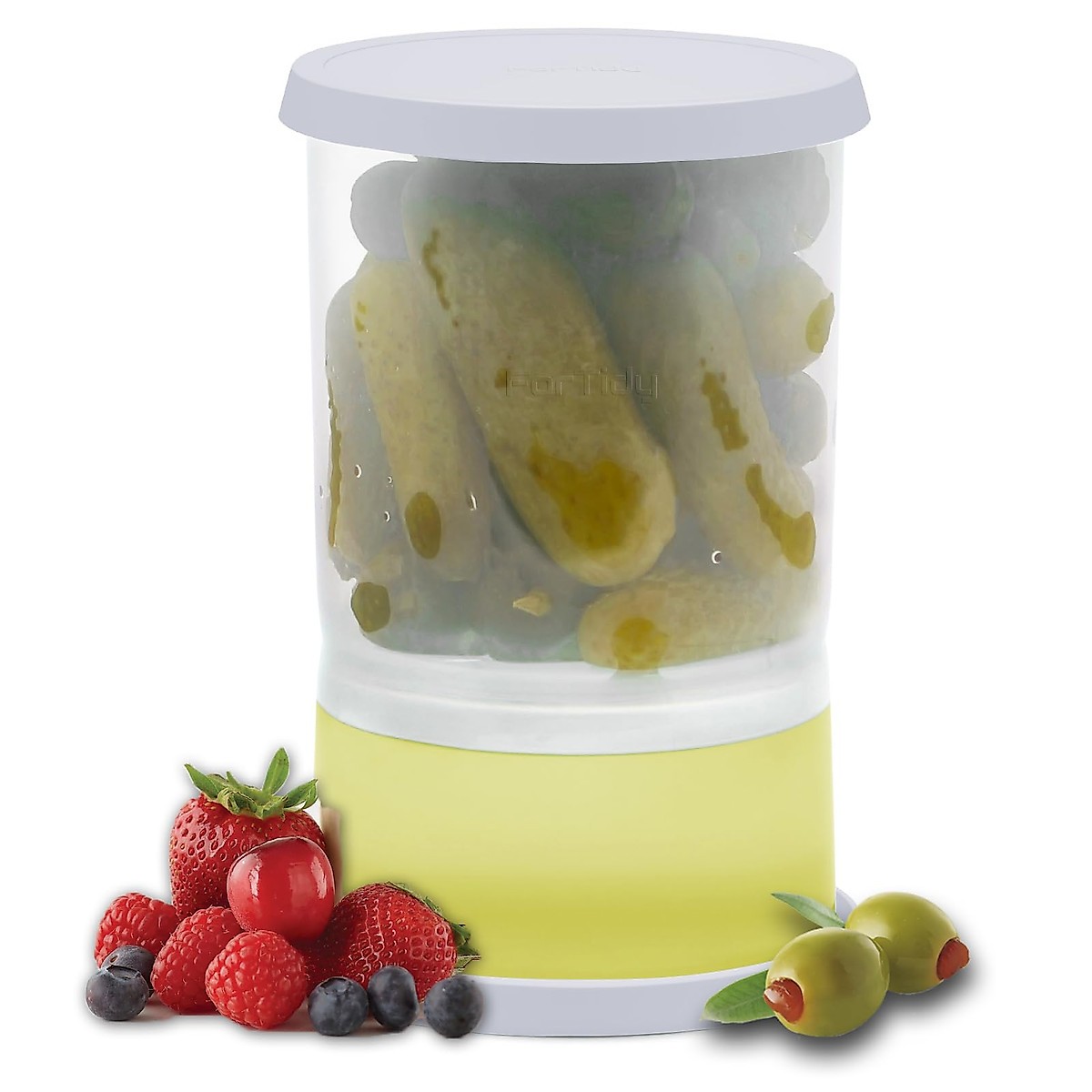 ForTidy Pickle Container with Strainer Flip and Label - 47 oz Airtight Olive Jar, BPA-Free, Dishwasher Safe, Goodbye Juice Finger, Kitchen Organization Must-Have Versatile Food Saver (Grayish White)