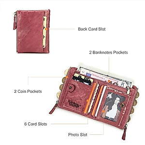 Contacts Soft Leather Wallet for Women Small Bifold Coin Purse Double Zipper Card Holder with RFID Blocking (Rose Tan)