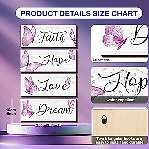4 Pieces Faith Hope Love Dream Wall Decor Elegant Spring Butterfly Wooden Hanging Decoration Art Butterfly Room Wall Rustic Living Room Accessories for Girls Bedroom Decor (Purple, 10 x 4 x 0.2 Inch)
