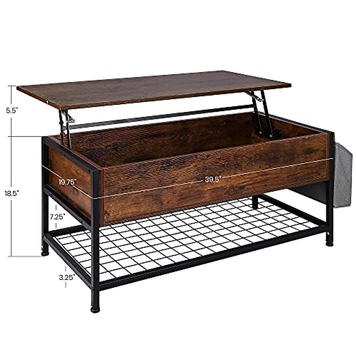 ErgoDesign Lift Top Coffee Table, 39.5" L Coffee Table with Storage Bag, Rising Tabletop Table with Hidden Compartment for Living Room Reception Room (Rustic Brown)