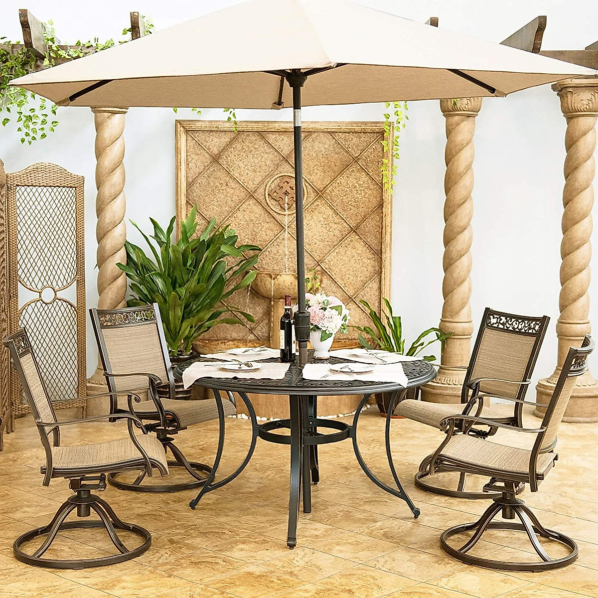 5 Piece Aluminum Patio Dining Set, 4 Textilene Swivel Rocker Chairs and 48 inch Round Alum Casting Table with Umbrella Hole, All-Weather Outdoor Furniture Set for Backyard, Patio, Lawn, Garden