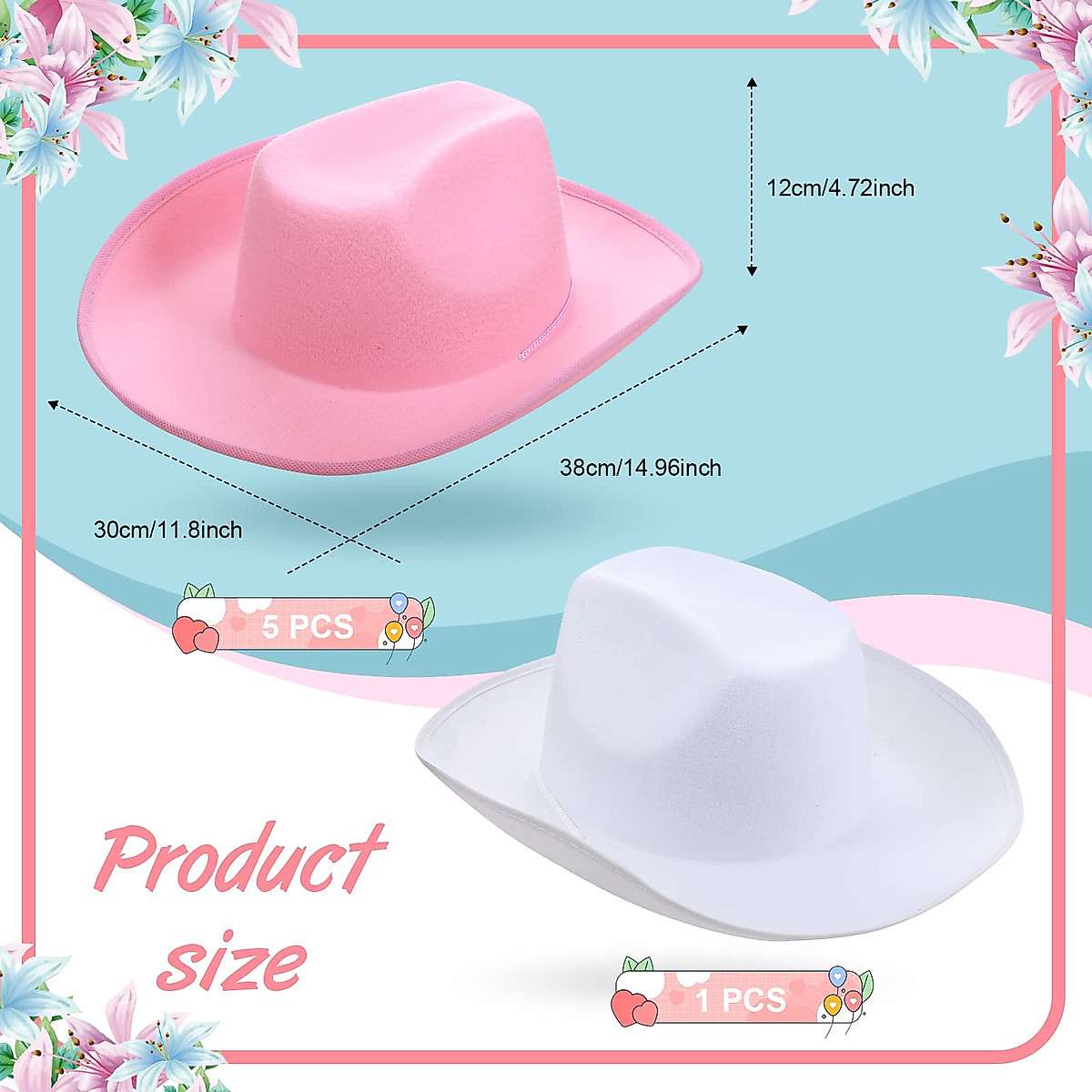 Hicarer 6pcs Pink Cowgirl Hats Bride Western Cowboy Hat for Girls or Women for Bachelorette Party, Wedding and Birthday(Retro Style)