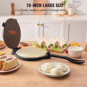 VEVOR Tortilla Press, 10 Inch Tortilla and Roti Maker, Cast Iron Heavy Duty Tortilladora Press, Pre-Seasoned Pataconera Maker with 100 Pcs Parchment Paper, Dough Maker for Flour Tortilla, Tawa, Silver