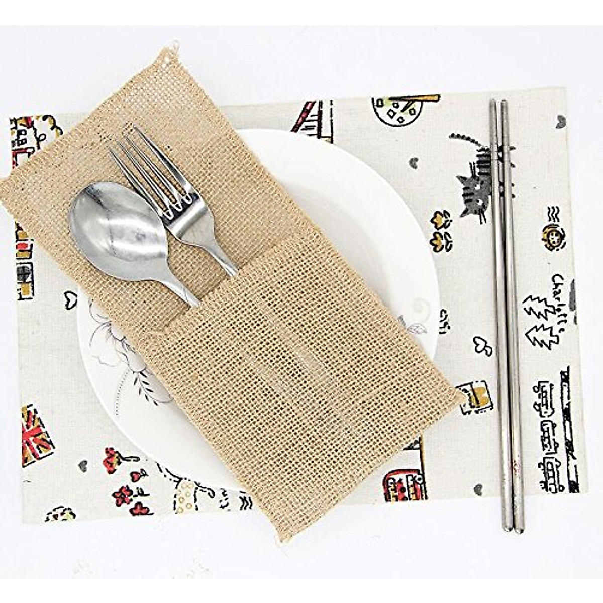 Cheonus 10PCS Burlap Cutlery Bags Hessian Knife Fork Tableware Utensil Linen Flatware Holder Jute Pouch Silverware Pockets for Wedding Decor